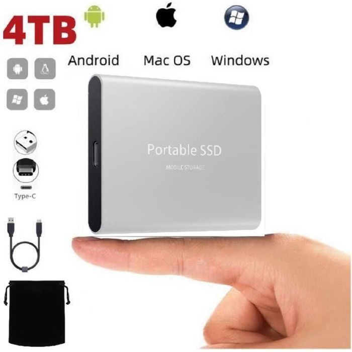 Disque SSD Mini Disque Dur Externe Portable 4TB 4To Argent Type-C avec ...