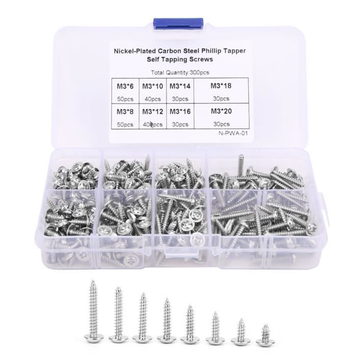 YOSOO Lot de 300 Vis Tôle Auto-perceuses en Acier au Carbone Plaqué Nickel M3 - Cdiscount Bricolage