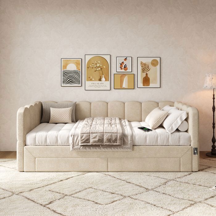 Lit Banquette Extensible 90x190 en 180x190 avec 2 Tiroirs, Ports USB et ...