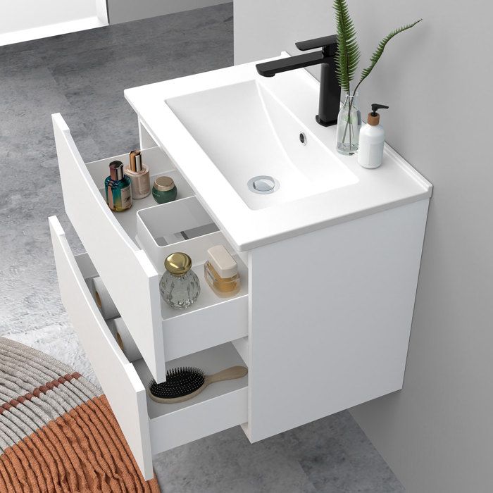 Aica meuble sous vasque suspendu 60 cm, 2 tiroirs, lavabo céramique ...