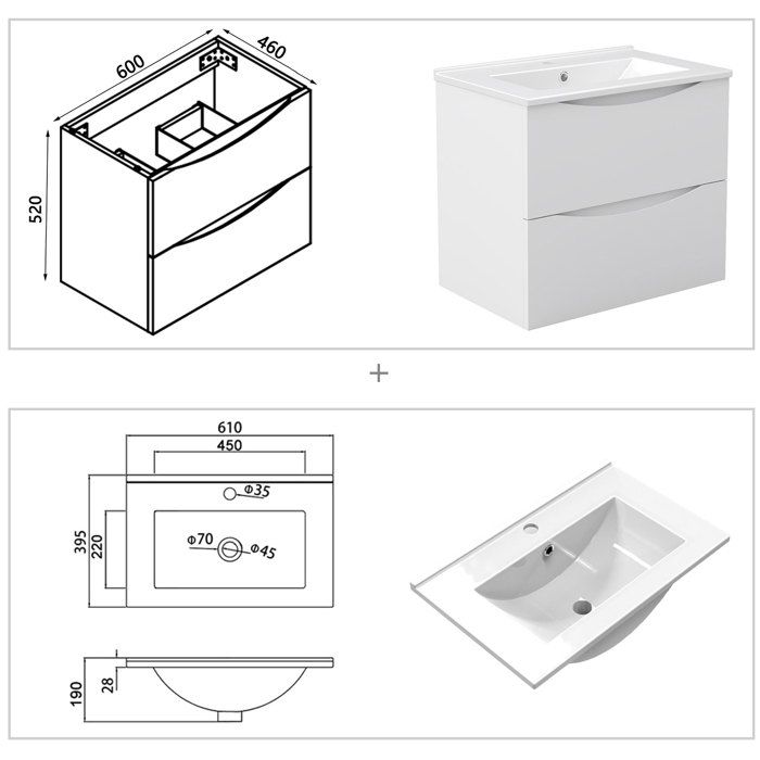 Aica meuble sous vasque suspendu 60 cm, 2 tiroirs, lavabo céramique ...