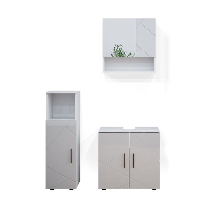 Ensemble de meubles de salle de bain Irma, 3 parties, Blanc Haute brillance, Blanc, Vicco ...