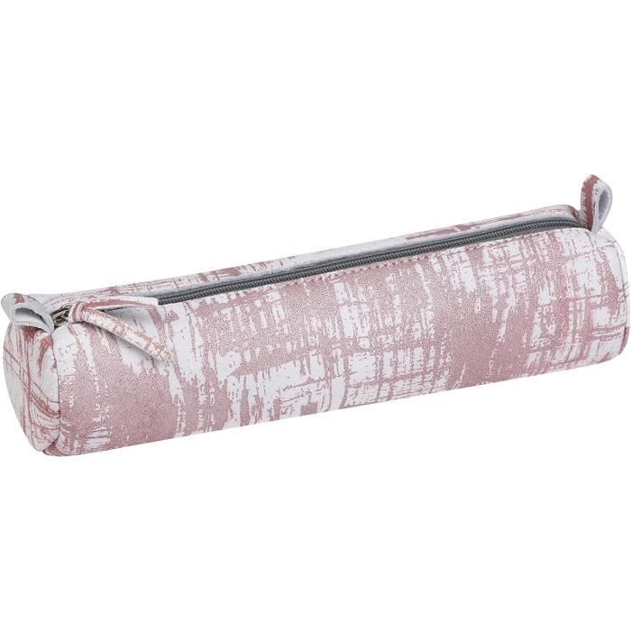 21-Trousse Scolaire Ronde Rose Poudré Motif Brossé Ø5,5X22 Cm En ...