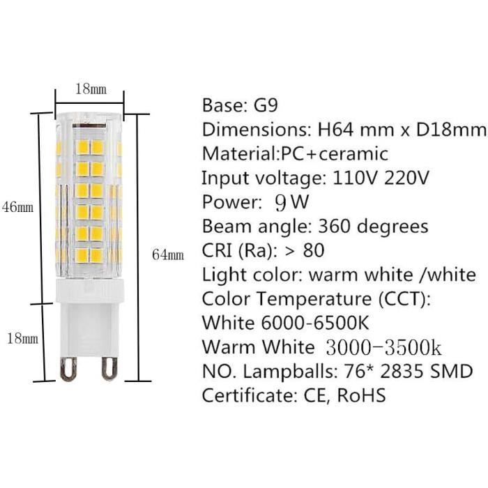 Ampoules G9 Led 9W(Halogène Équivalent 90W) Blanc Chaud 3000K 900Lumen ...