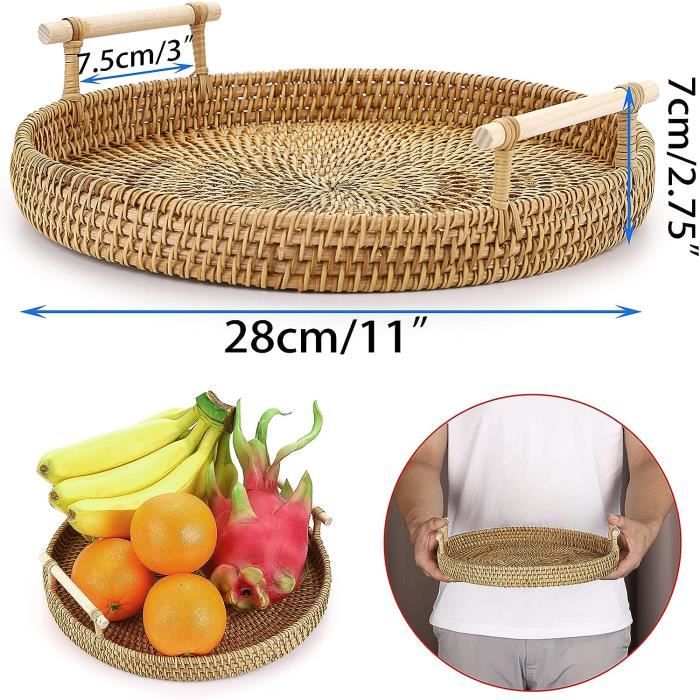 Plateau De Service Rond En Rotin Tressé De 28 Cm - Plateau De Rangement ...