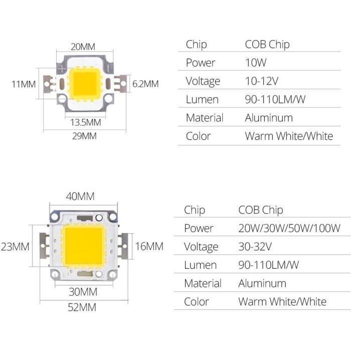 10W 20W 30W 50W 100W puce LED COB DC 9-12V 30-36V perles de Diode à matrice intégrée bricolage ...
