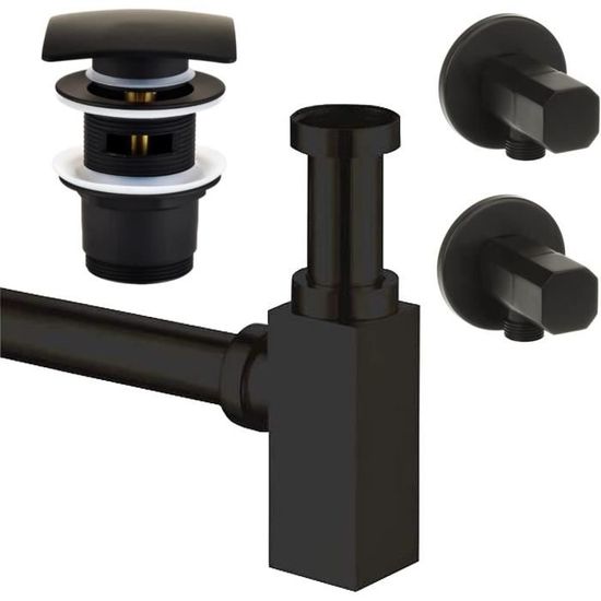 Siphon design carré noir mat + vidange + soupapes d'angle pour évier de ...