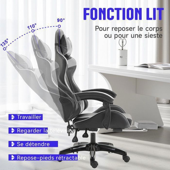 Chaise Gaming Ergonomique Noir et Gris, Support Lombaire, Repose-pieds ...