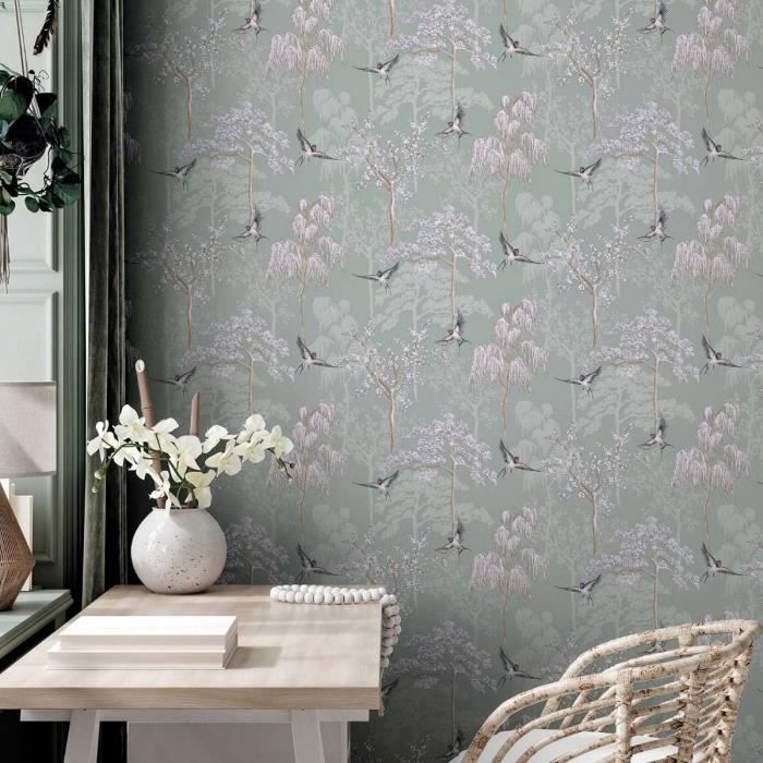 Papier peint - World of Wallpaper - Sauge - Design japonais - Floral ...