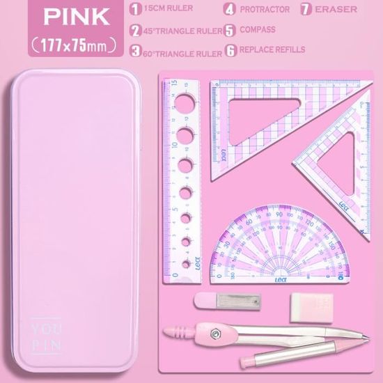 Regle - equerre,Règle boussole avec boîte en métal,7 pièces-ensemble ...