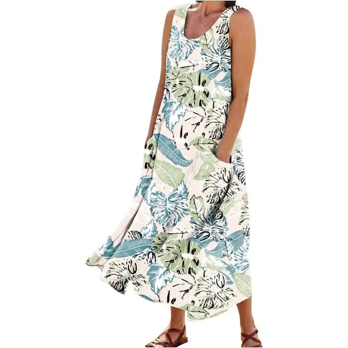 ROBE Robe Été Femme de Plage Rétro Robes Col Rond Robes au Genou sans ...