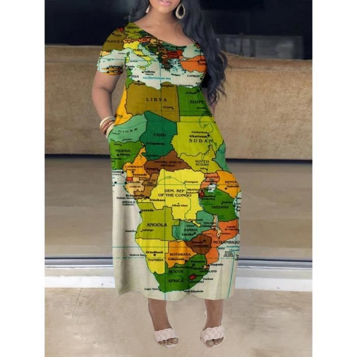 LW-Robe patchwork à imprimé carte du monde pour femme,robe maxi,col en ...