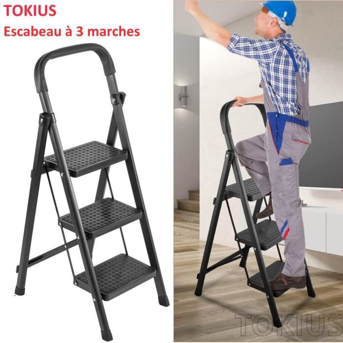 TOKIUS Escabeau à 3 Marches, Échelle pliable en Aluminium Antidérapante ...