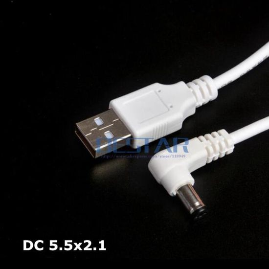 Câble'alimentation USB coudé blanc, prise USB vers DC 5.5x2.1 5.5x2.1mm ...