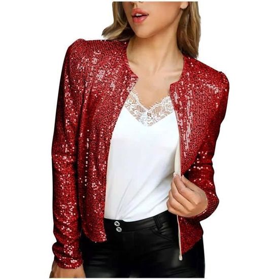Blazer Femmes Paillettes Rouge - Veste Sequin Manches Longues ...