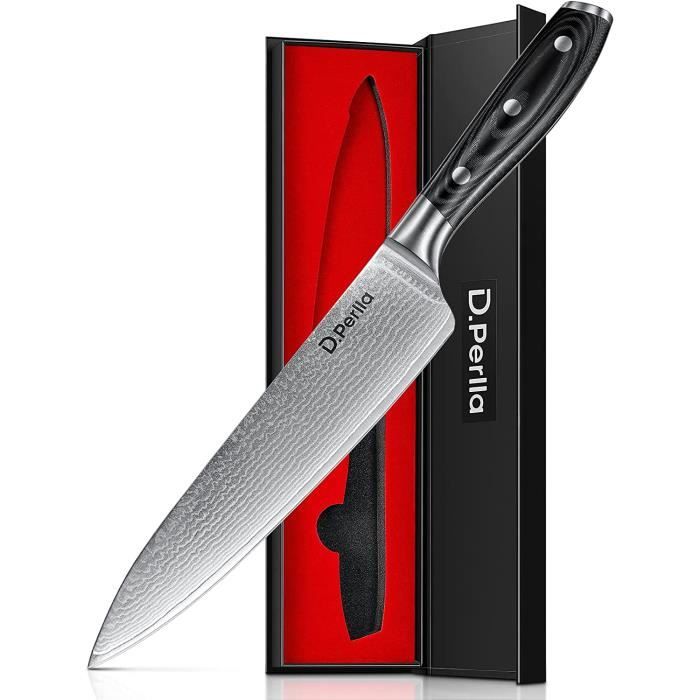D.Perlla Couteau de cuisine, 20 cm Couteau damas professionnel, Couteau ...