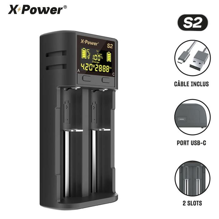 X Power Chargeur Accu intelligent 18650 21700 Chargeur 2 Slots, Écran ...