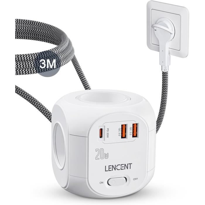 Rallonge multiprise - LENCENT - Cube - 4 Prises AC - 3 Ports USB - 1 ...
