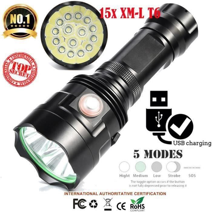 LAMPE ELECTRIQUE 15x XM-L T6 LED Flashlight 5 Modes 26650-18650 Camping ...