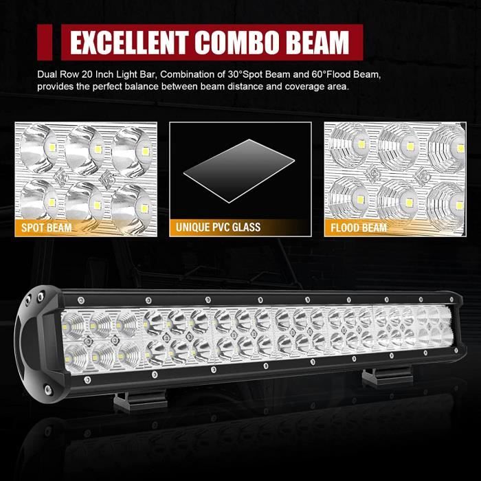 20" 126W Barre Rampe Led Phare De Travail Led Flood Spot Feux De Antibrouillard Led Off-Road, 4 ...