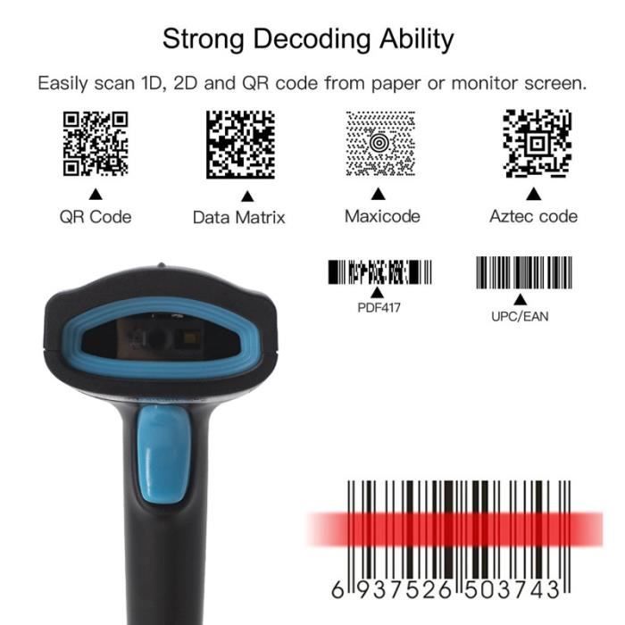 Scanner de codes-barres filaire-sans fil-Bluetooth, lecteur de code QR ...
