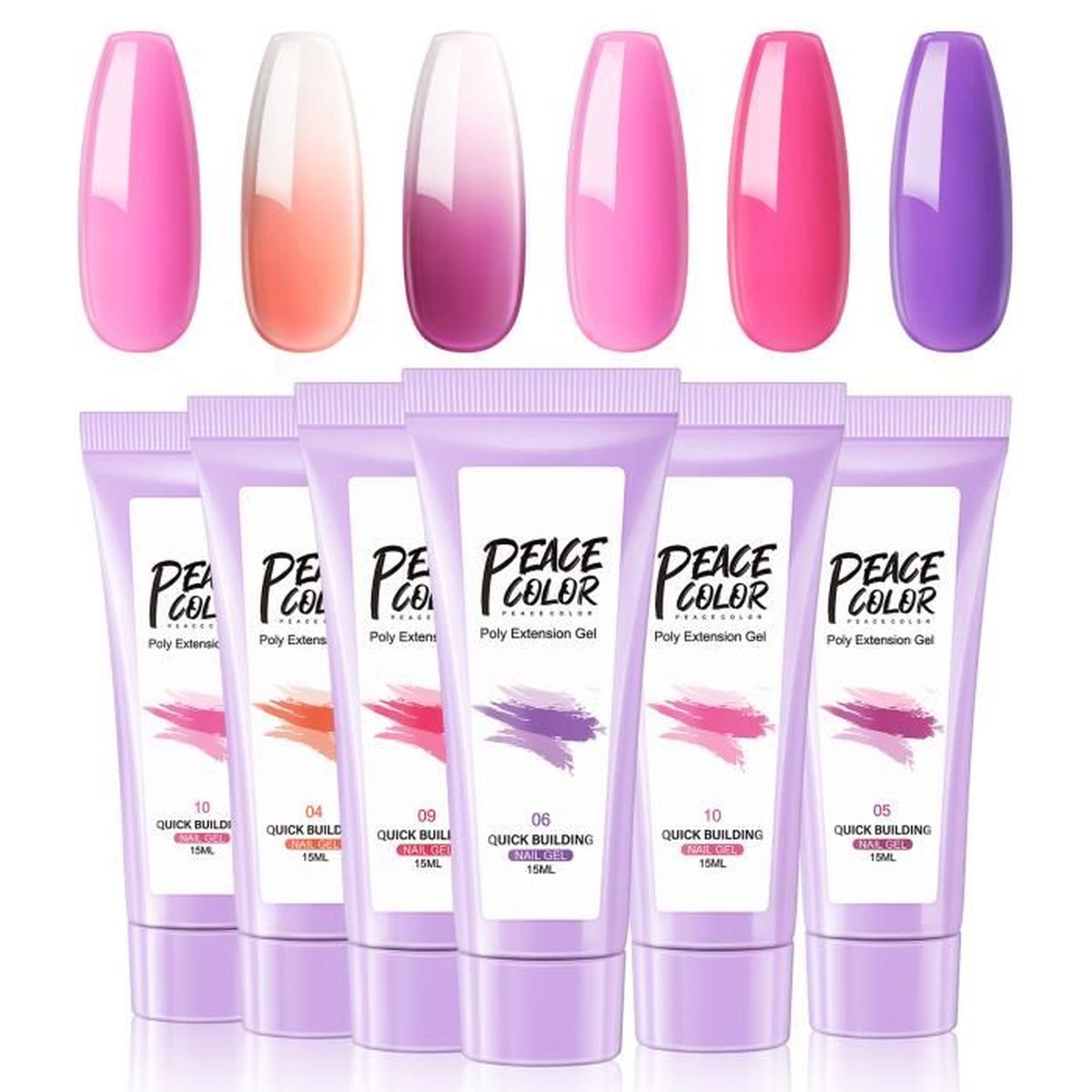 6 Tubes Poly Gel Vernis Construction Ongles PEACECOLOR 15ml Vernis ...