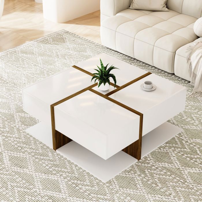 KoDise Table basse carrée, Table basse blanche avec 4 tiroirs rangement ...