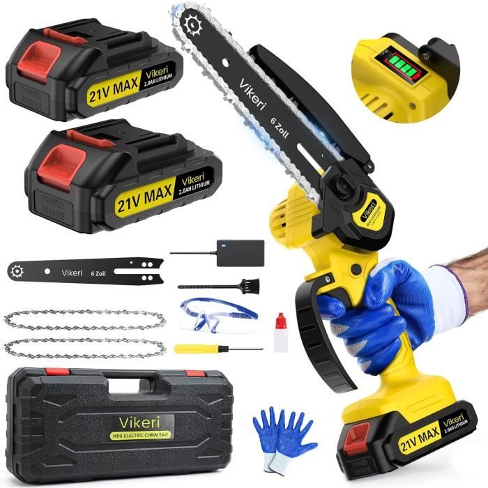 Mini tronçonneuse avec batterie, 2 × 2000 mAh, tronçonneuse manuelle de ...