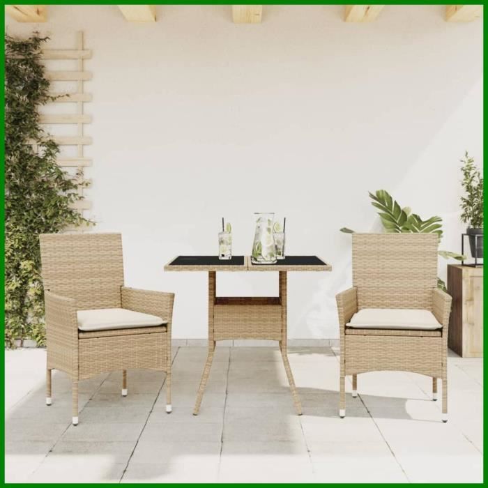 DXBK Ensemble à manger de jardin et coussins 3 pcs beige rotin verre ...