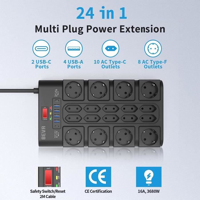 Multiprise Parafoudre Parasurtenseur 18 Prises(10+8) Avec 6 Usb(2 Type ...