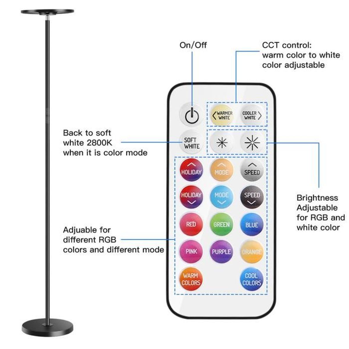 173cm Lampadaire de séjour LED avec télécommande RGB Lampe de maison ...
