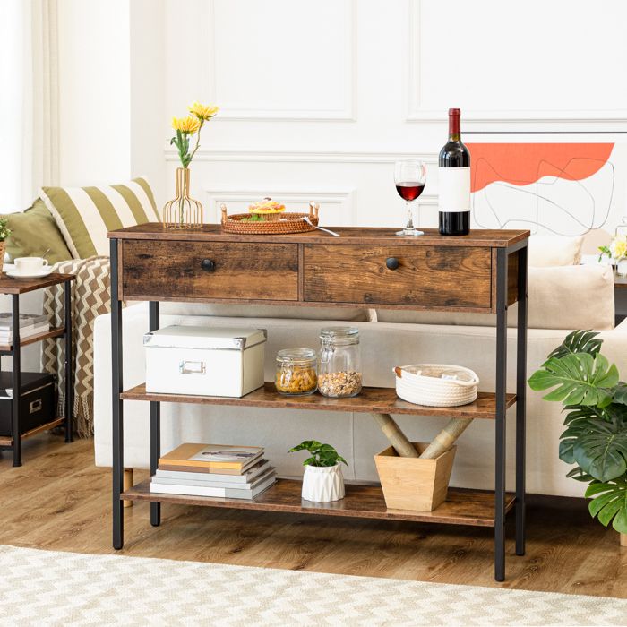 Table console - HOOBRO - Extensible - Marron Rustique - 2 Tiroirs ...