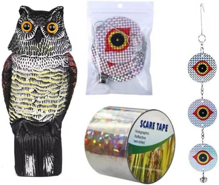 Kit répulsif pour oiseaux : chouette épouvantail - Ruban réfléchissant ...