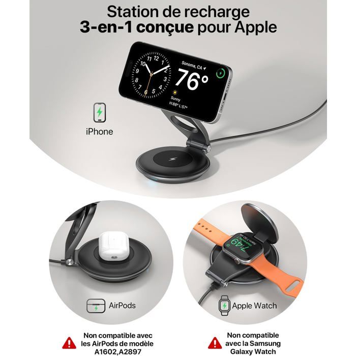 Station charge Mag-Safe 3-en-1 induction 30W incluse compatible iPhone ...