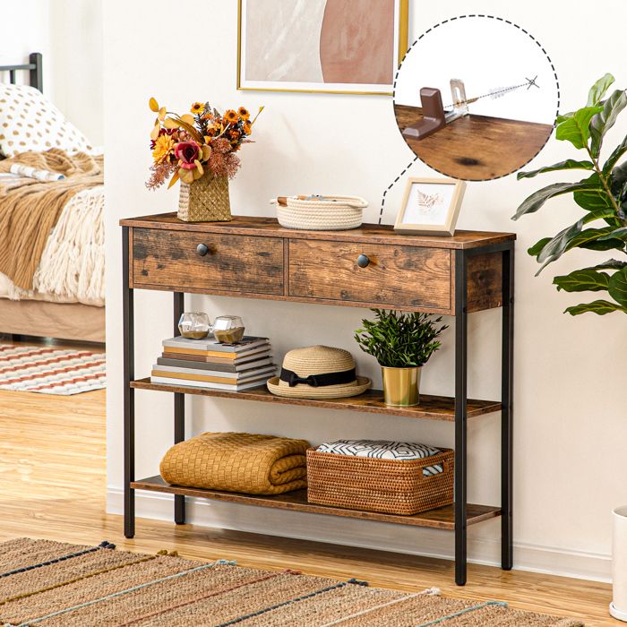 Table console - HOOBRO - Extensible - Marron Rustique - 2 Tiroirs ...