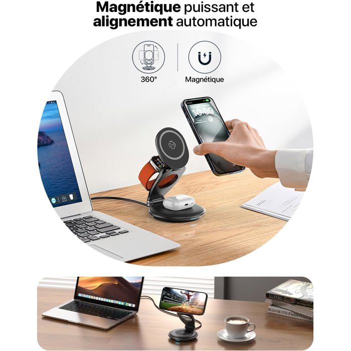 Station charge Mag-Safe 3-en-1 induction 30W incluse compatible iPhone ...