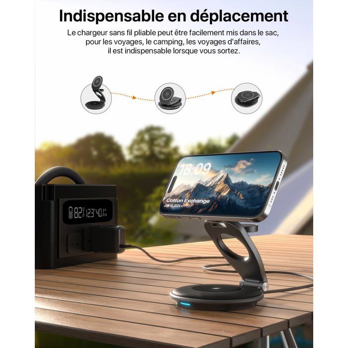 Station charge Mag-Safe 3-en-1 induction 30W incluse compatible iPhone ...