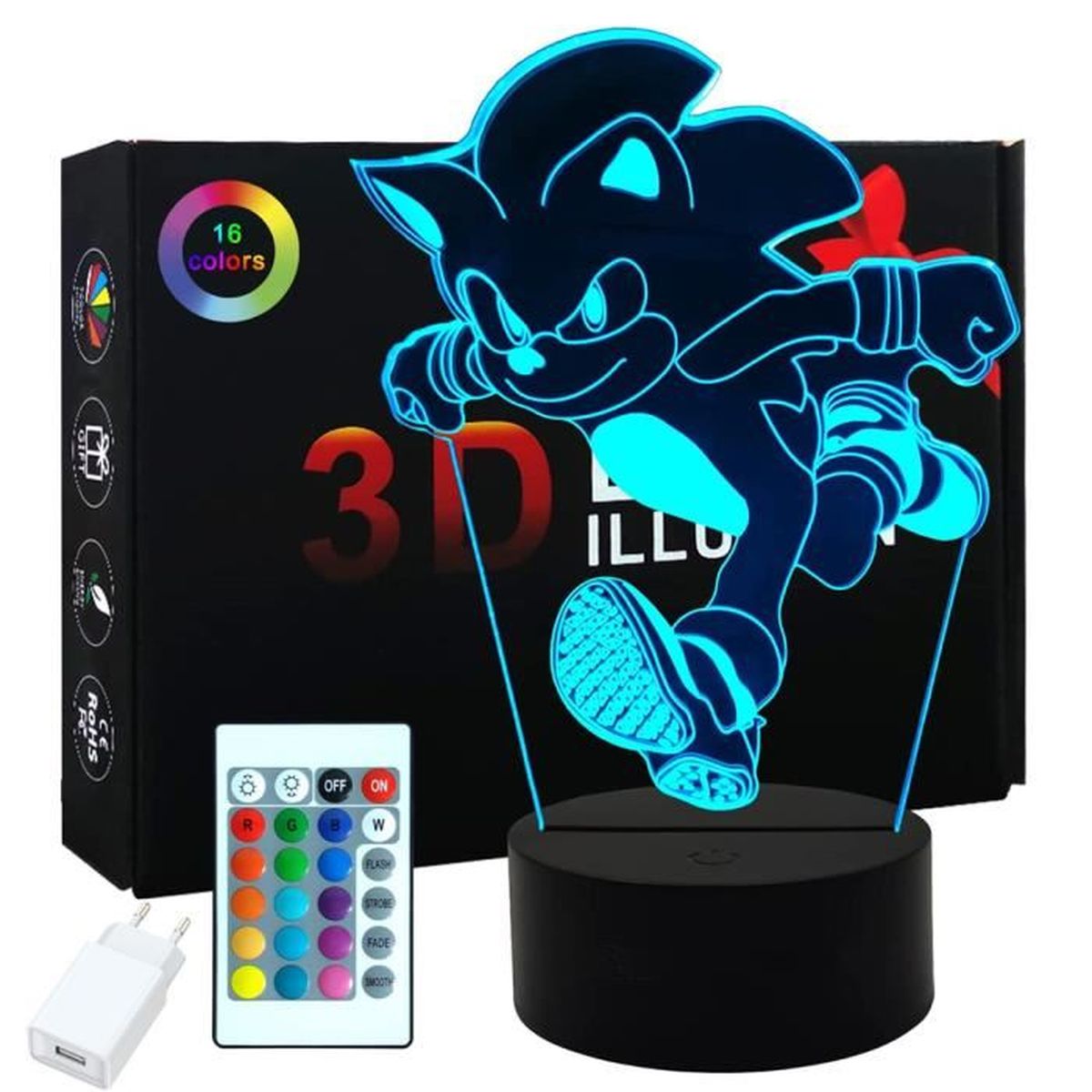 Sonic Hedgehog Lampe de nuit 3D Veilleuse 16 Couleurs -Décoration De ...