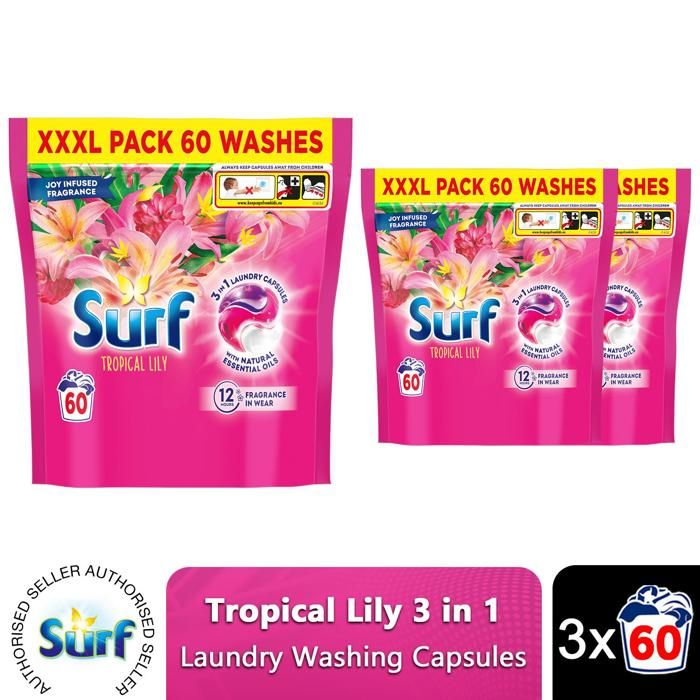 Surf 3 in 1 Laundry Washing Detergent Capsules Tropical Lily, 180 ...