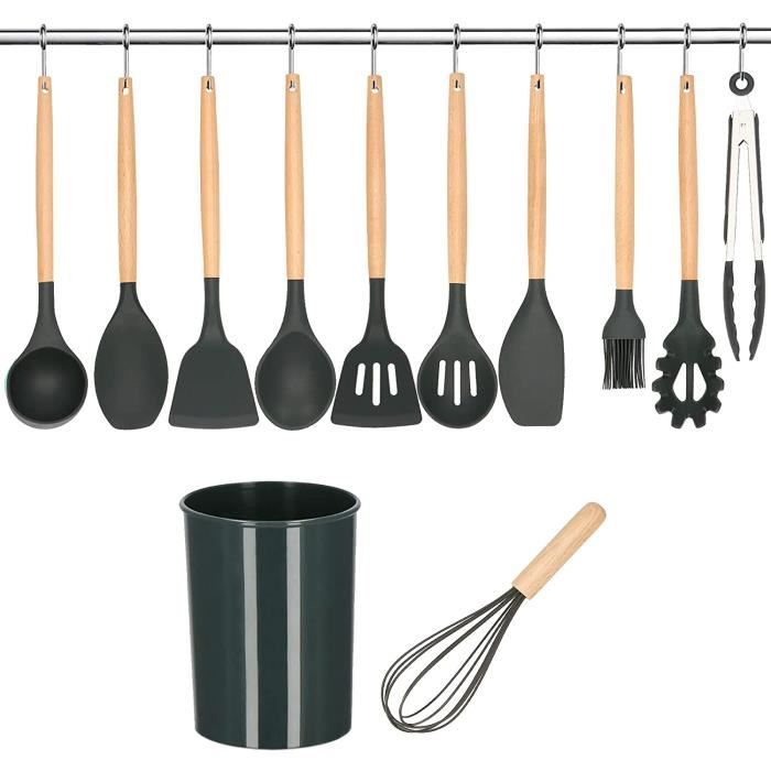 Lot de 12 ustensiles de cuisine en bambou et silicone (graphite Rose Menthe Noir Menthe Foncée ...