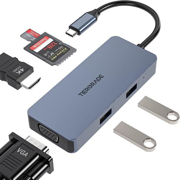 Hub Usb C 6 En 1, Adaptateur Usb C Vers Usb Avec Lecteur De Carte 4K Hdmi, Vga, Sd Et Tf Et 2 ...