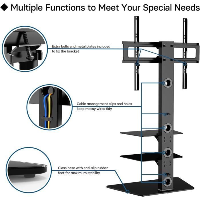 Meuble TV Support TV Pied avec 3 Etagères Verre Trempé Télévision de 30 à 65 Pouce Pivotant pour ...