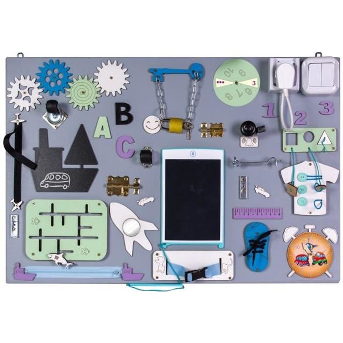 Tableau d'activité sensoriel Montessori busy board en bois - MIA - Gris ...