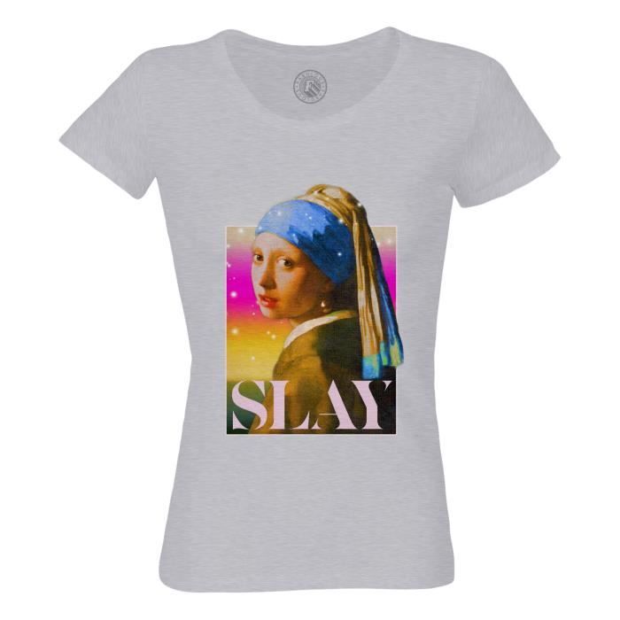 T-shirt Femme Col Rond Coton Bio Gris Vermeer Slay Collage Vintage ...