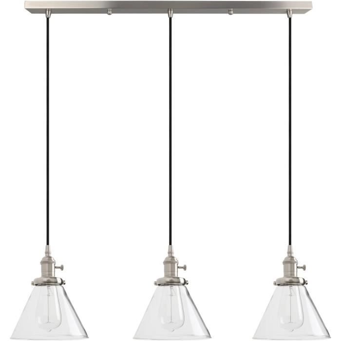 Lustre à 3 lampes avec abat-jour conique en verre transparent Pathson ...