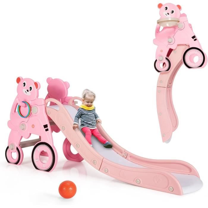 GOPLUS Toboggan pour Enfants 3 en 1 Panier de Basketball, Jeu d’Anneaux, Toboggan Pliable d ...