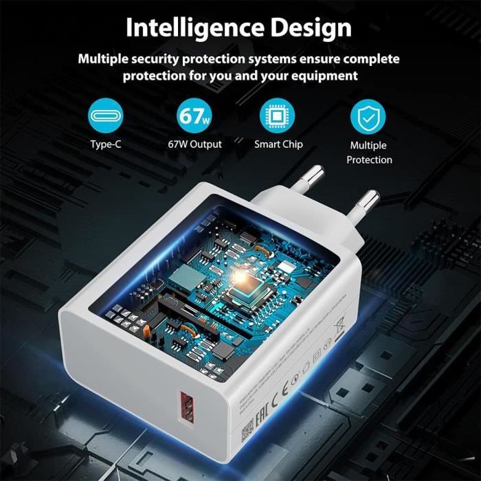 Chargeur Rapide USB 67W + Câble USB-C 6A 1M Blanc pour Xiaomi Redmi 14C ...