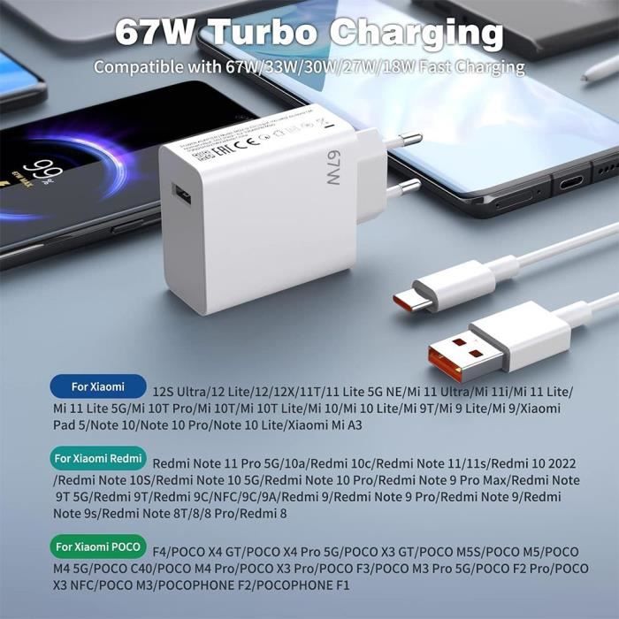 Chargeur Rapide USB 67W + Câble USB-C 6A 1M Blanc pour Xiaomi Redmi 14C ...