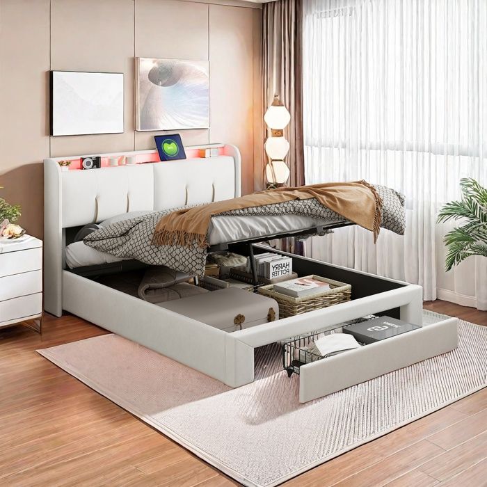 Lit 160x200 avec rangement, cadre de lit avec tête de lit et lumières ...