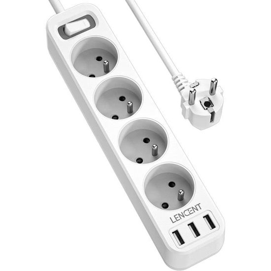 Bloc multiprise 3 ports usb 2,4a 12w chargeur et 4 prises 4000 w avec interrupteur, cable 1,5 m ...